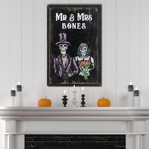 Ms & Mrs Bones Sign | Large Farmhouse Canvas Wall Art | Halloween Gift | Spooky Decor | Rustic ...
