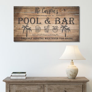 POOL & BAR Sign Personalized Bar Wall Art Custom Wood Background Canvas ...