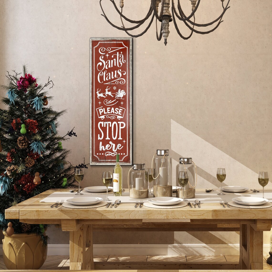 Santa Claus Please Stop Here Sign, Red Background Christmas Decor ...