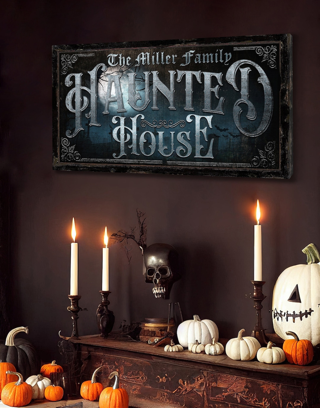 Personalized Haunted House Sign, Halloween Entryway Decor, Full Moon ...