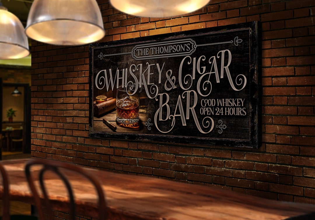 Personalized Whiskey & Cigar Lounge Sign, Custom Man Cave Wall Art ...