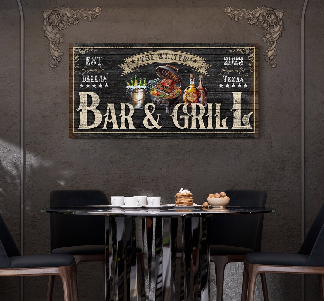 Custom Bar & Grill Sign, Backyard BBQ Wall Art, Rustic Patio Wall Decor ...