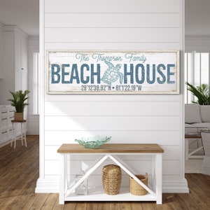 Personalized Beach House Sign With Coordinates, Oceanside Beach Cabin ...