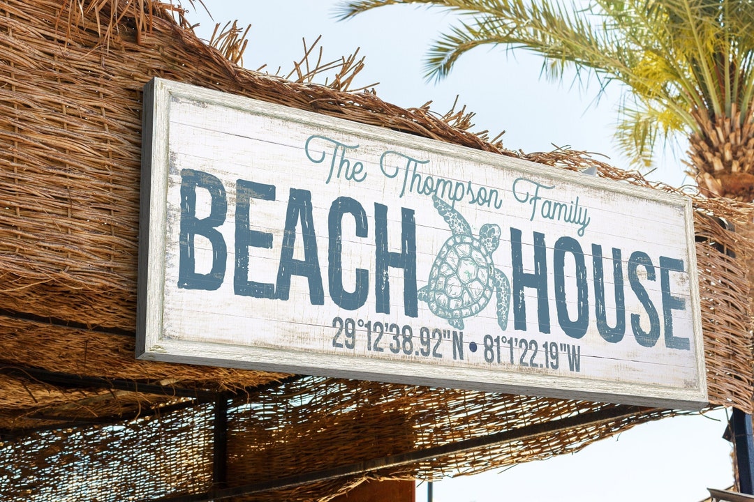 Personalized Beach House Sign With Coordinates, Oceanside Beach Cabin ...