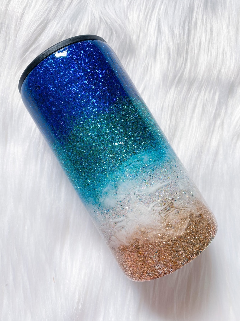 Beach Glitter Can Cooler Ocean Wave Beach Cup Glitter Slim Can - Etsy