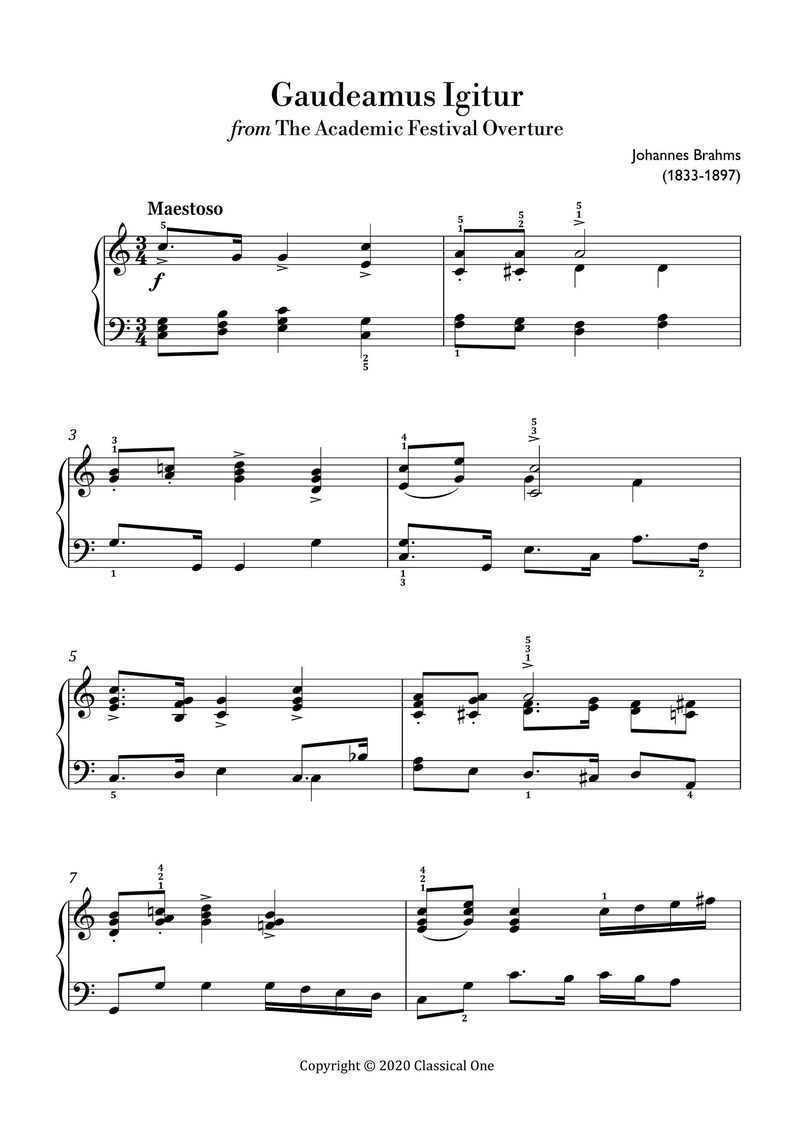 Brahms - Gaudeamus Igitur (easy Piano) Sheet Music ,classical Music ...