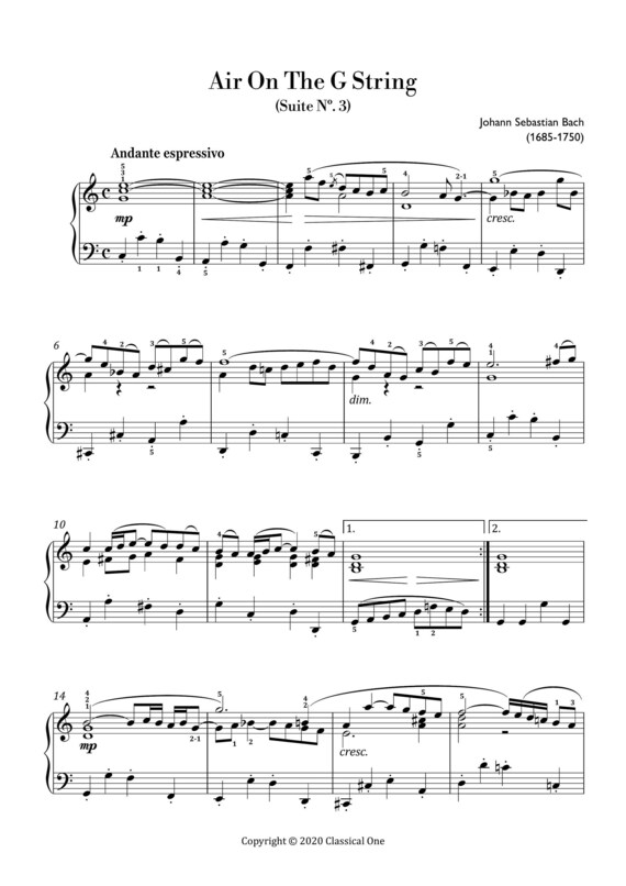 Bach Air on the G String easy Piano Sheet Music classical | Etsy