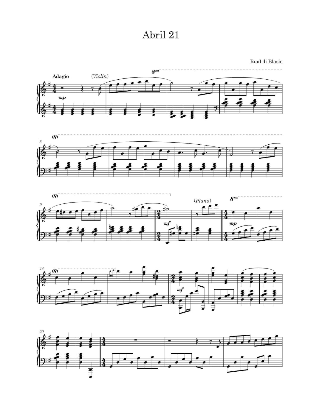 Raul Di Blasio - Abril 21 (piano Sheet Music) - Etsy