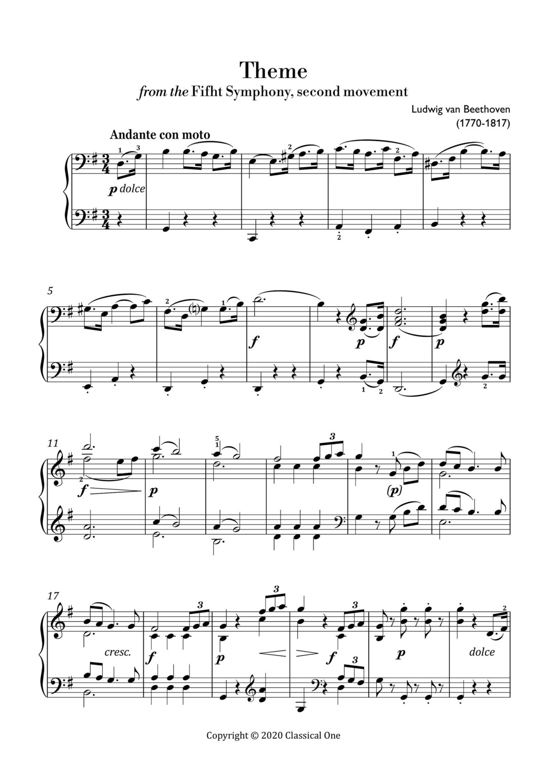 Beethoven - Fifth Symphony Theme Mvt.2 (easy Piano) Sheet Music ...