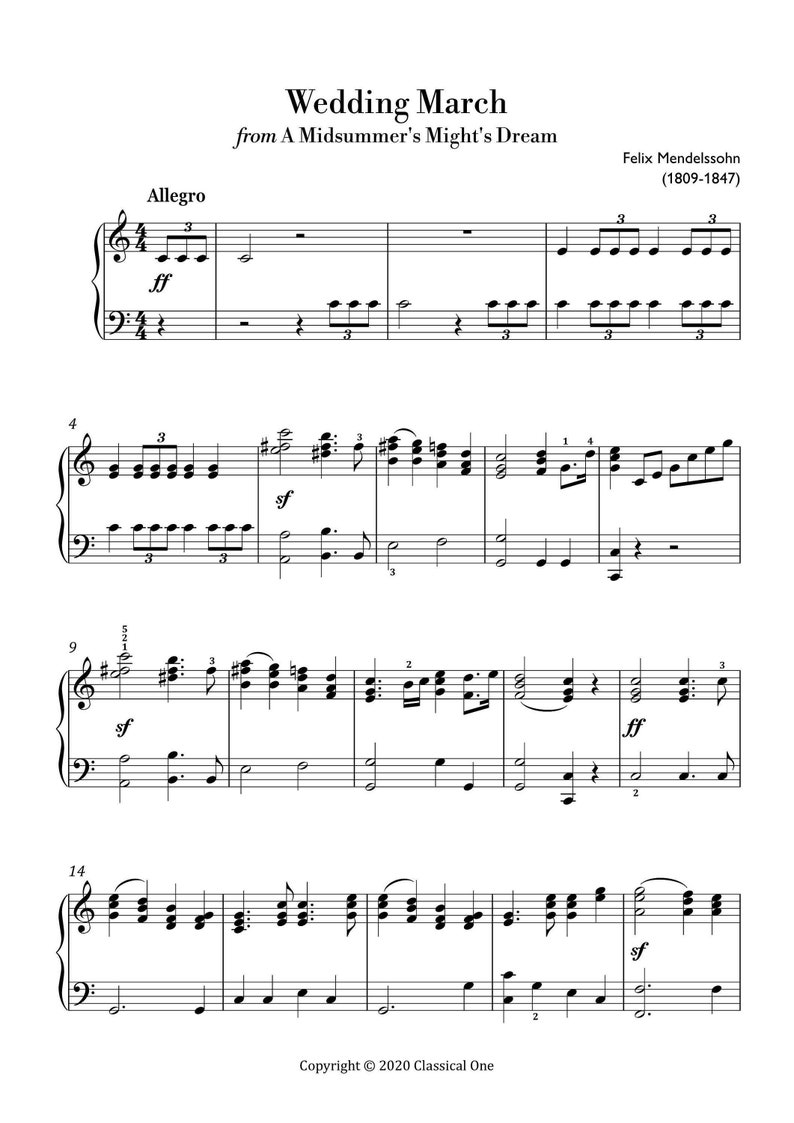 Mendelssohn - Wedding March (easy Piano) Sheet Music ,classical Music ...