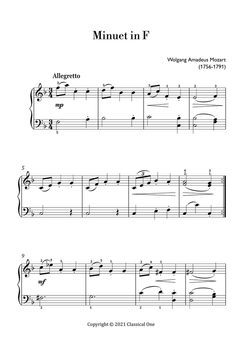 Mozart - Minuet in F (easy Piano) Sheet Music ,classical Music, Music ...