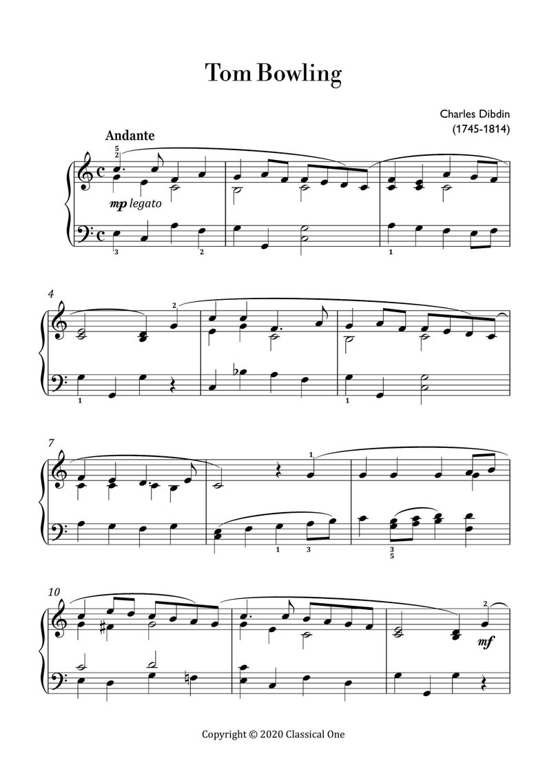 Dibdin - Tom Bowling (easy Piano) Sheet Music ,classical Music, Music ...