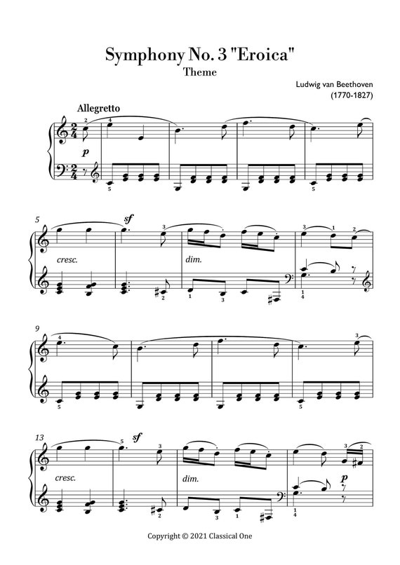 Beethoven Symphony No. 3 Eroica easy Piano Sheet Music | Etsy