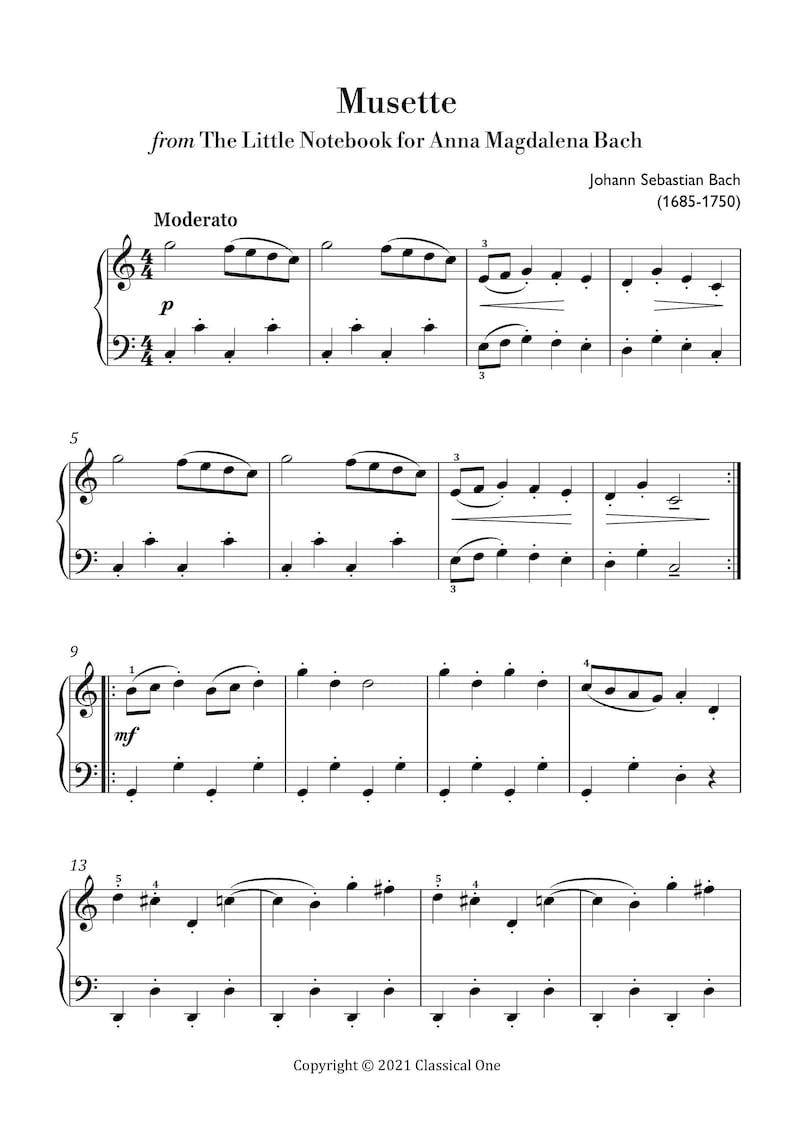 Bach - Musette (easy Piano) Sheet Music ,classical Music, Music Score ...