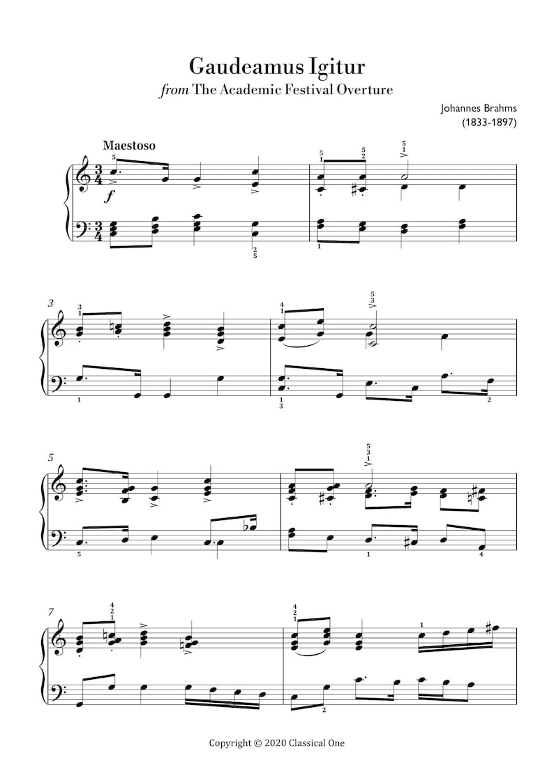 Brahms - Gaudeamus Igitur (easy Piano) Sheet Music ,classical Music ...