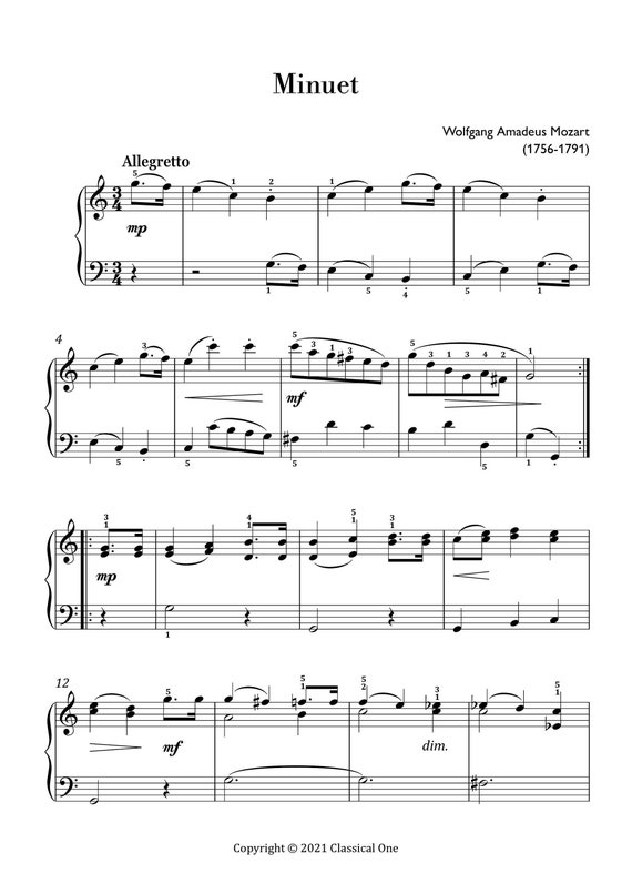 Mozart Minuet easy Piano Sheet Music classical Music | Etsy