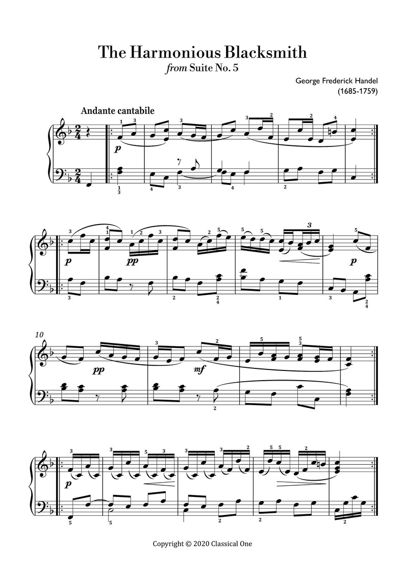 Handel - the Harmonious Blacksmith (easy Piano) Sheet Music ,classical ...