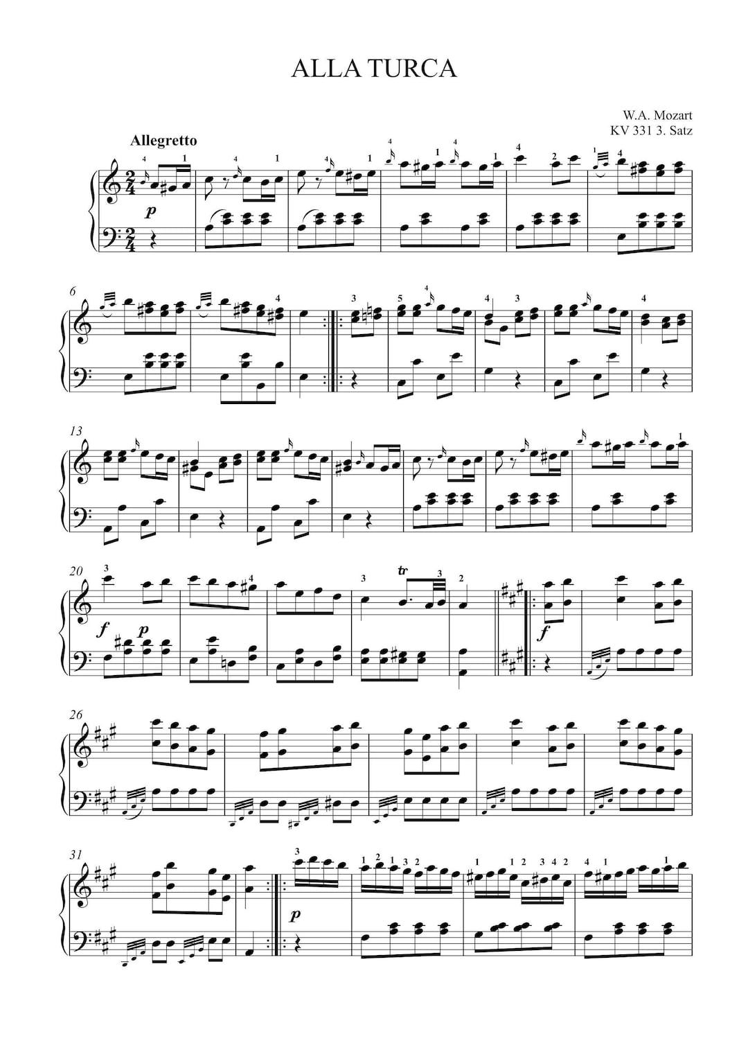 Rondo Alla Turca (turkish March) Piano Sheet Music,classical Music ...