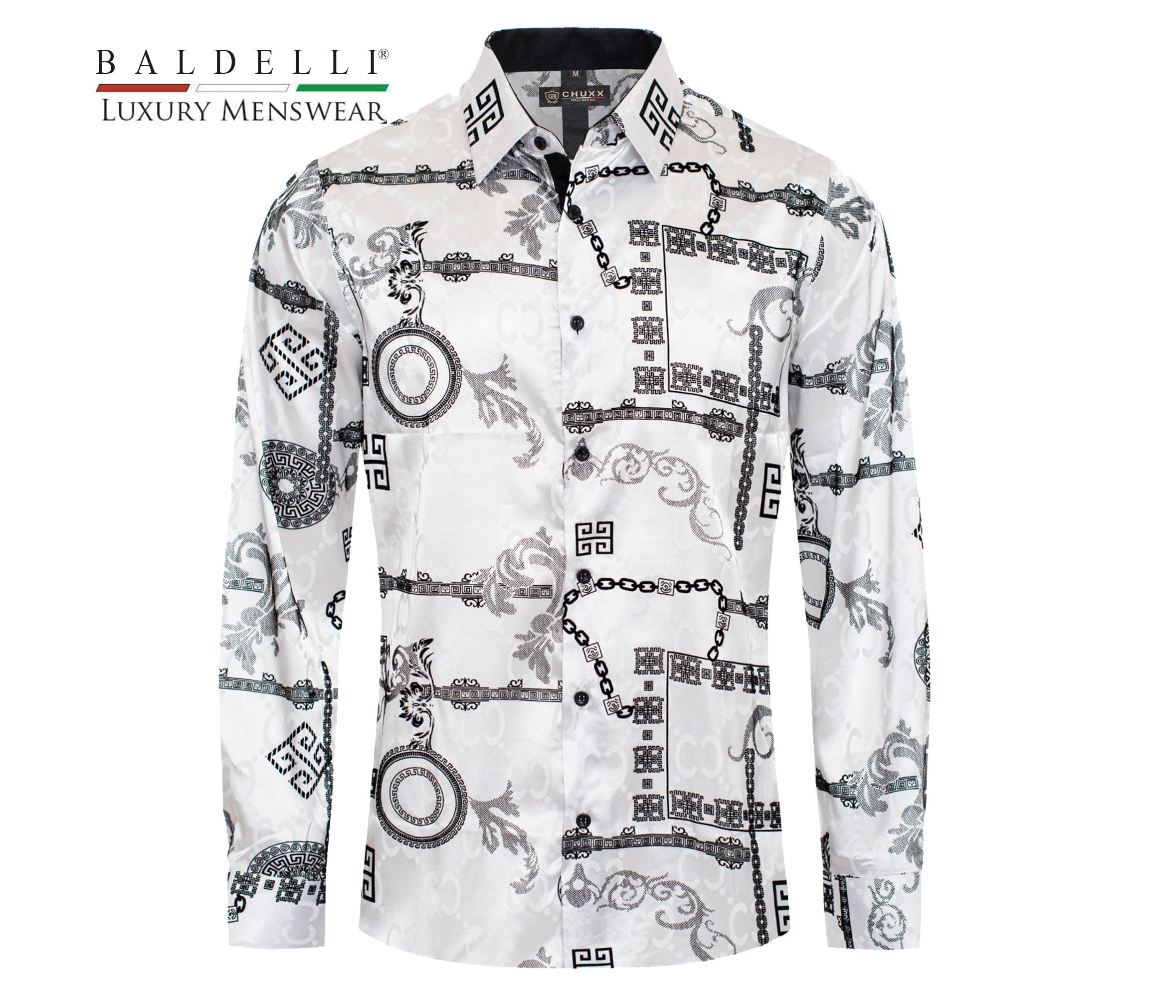 Men's Fashion Satin Dress Shirt Baldelli-3302 Black Meander and Chains ...