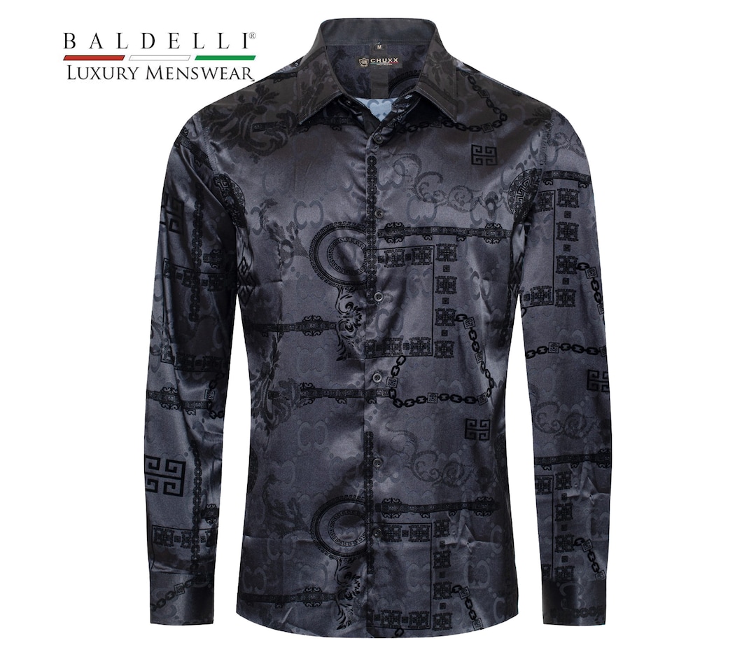 Men's Fashion Satin Dress Shirt - Baldelli-3302 Black Meander and ...