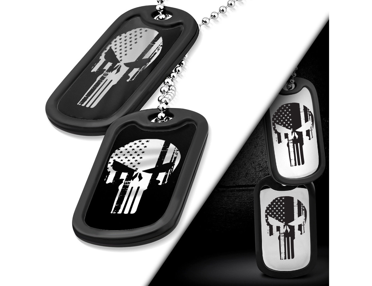 Punisher/usa Flag Men's Twin Dog Tags - Stainless Steel - Chain ...