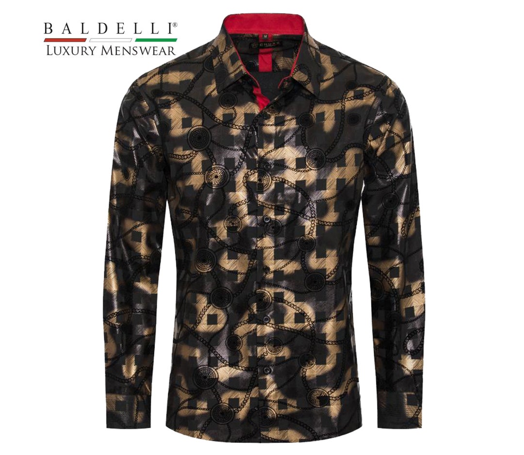 Men's Fashion Dress Shirt - Elegant Black With Metallic Fade, Chains ...