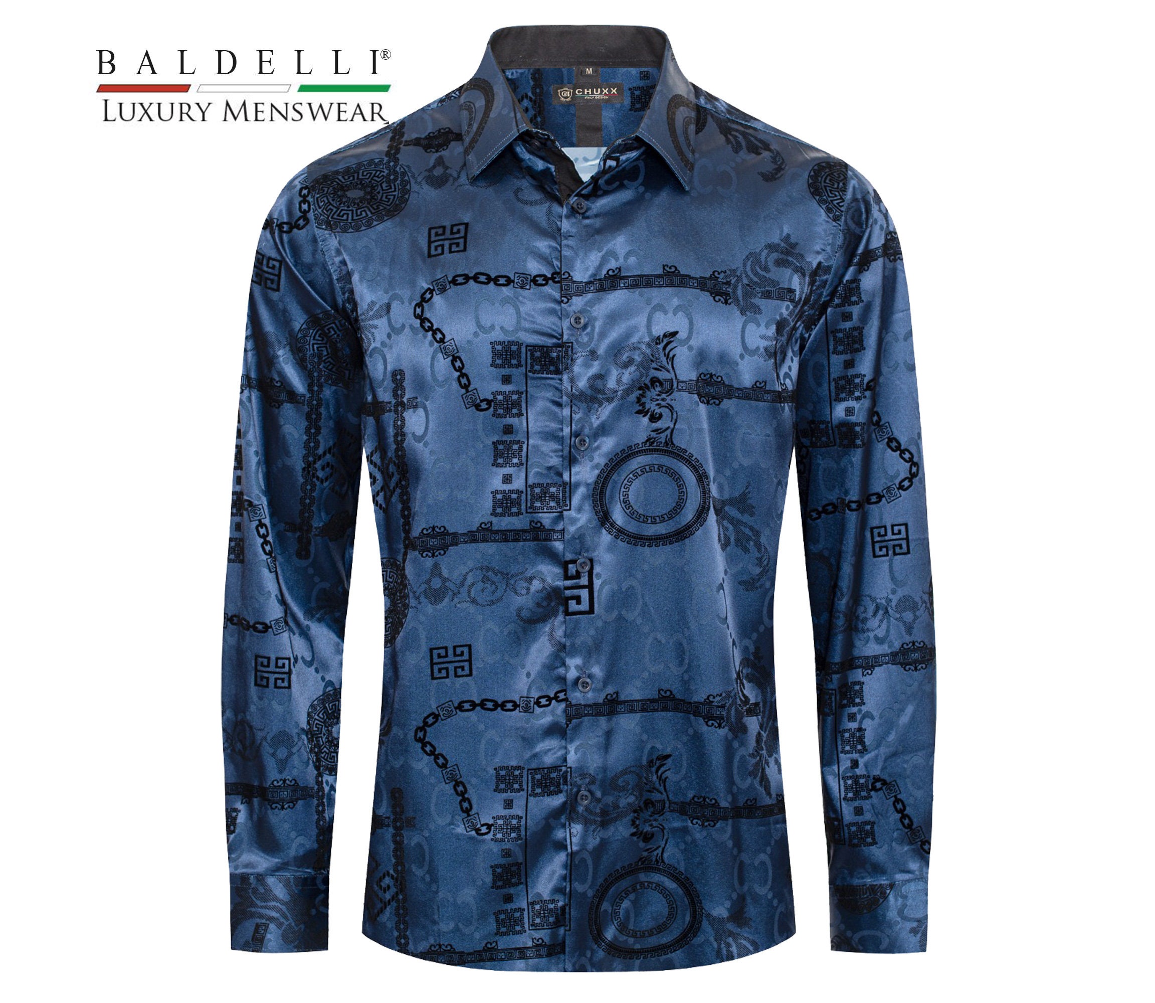 Men's Fashion Satin Dress Shirt - Baldelli-3302 Black Meander and ...