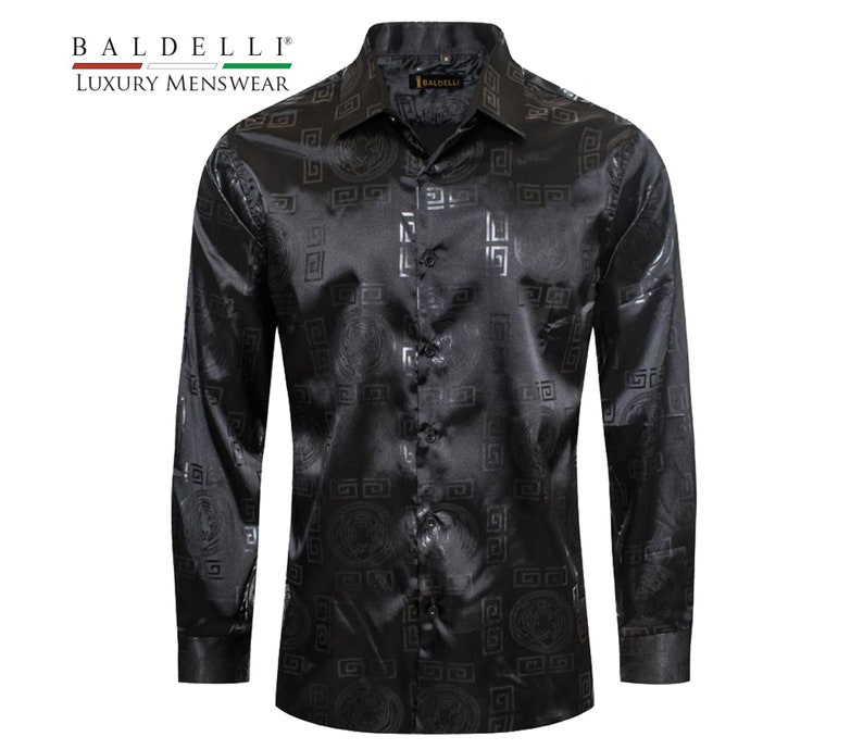 Men's Fashion Satin Dress Shirt - Baldelli-2042 Black Meander and Tiger ...
