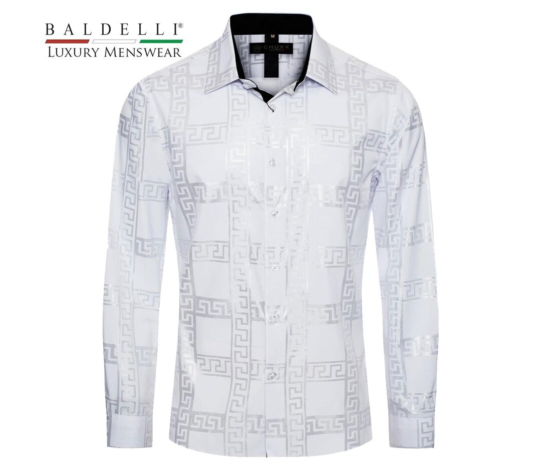 Men's Fashion Shirt Elegant Metallic Silver Meander Pattern CX Baldelli ...