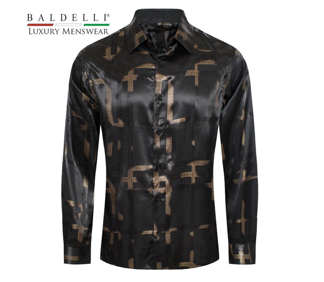 Men's Fashion Satin Dress Shirt Metallic Gold Overlay Greek Meander ...