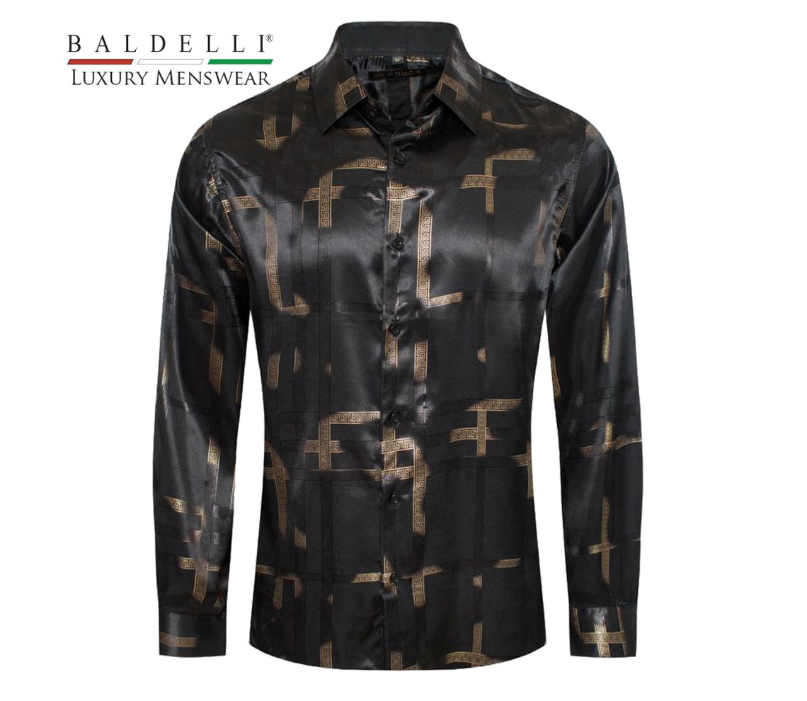 Men's Fashion Satin Dress Shirt Metallic Gold Overlay Greek Meander ...