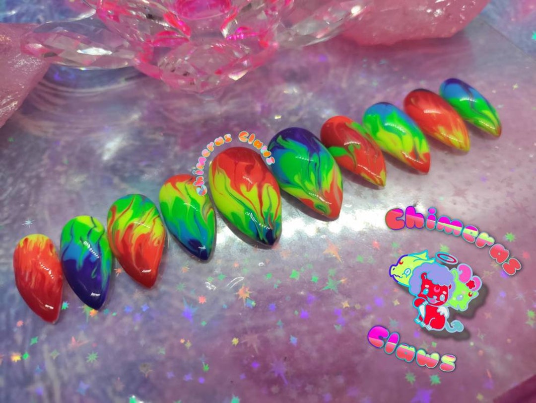 Rainbow Tye Dye Nail Set L Stiletto L Size Medium L READY TO SHIP - Etsy