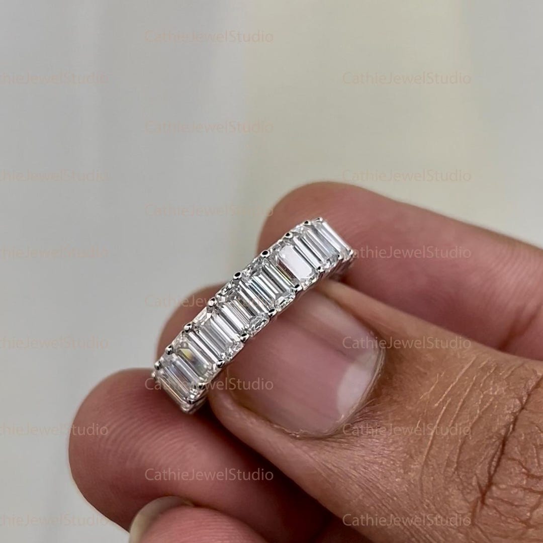 Wedding Band, Emerald Cut Moissanite Band, Engagement Ring, Full ...