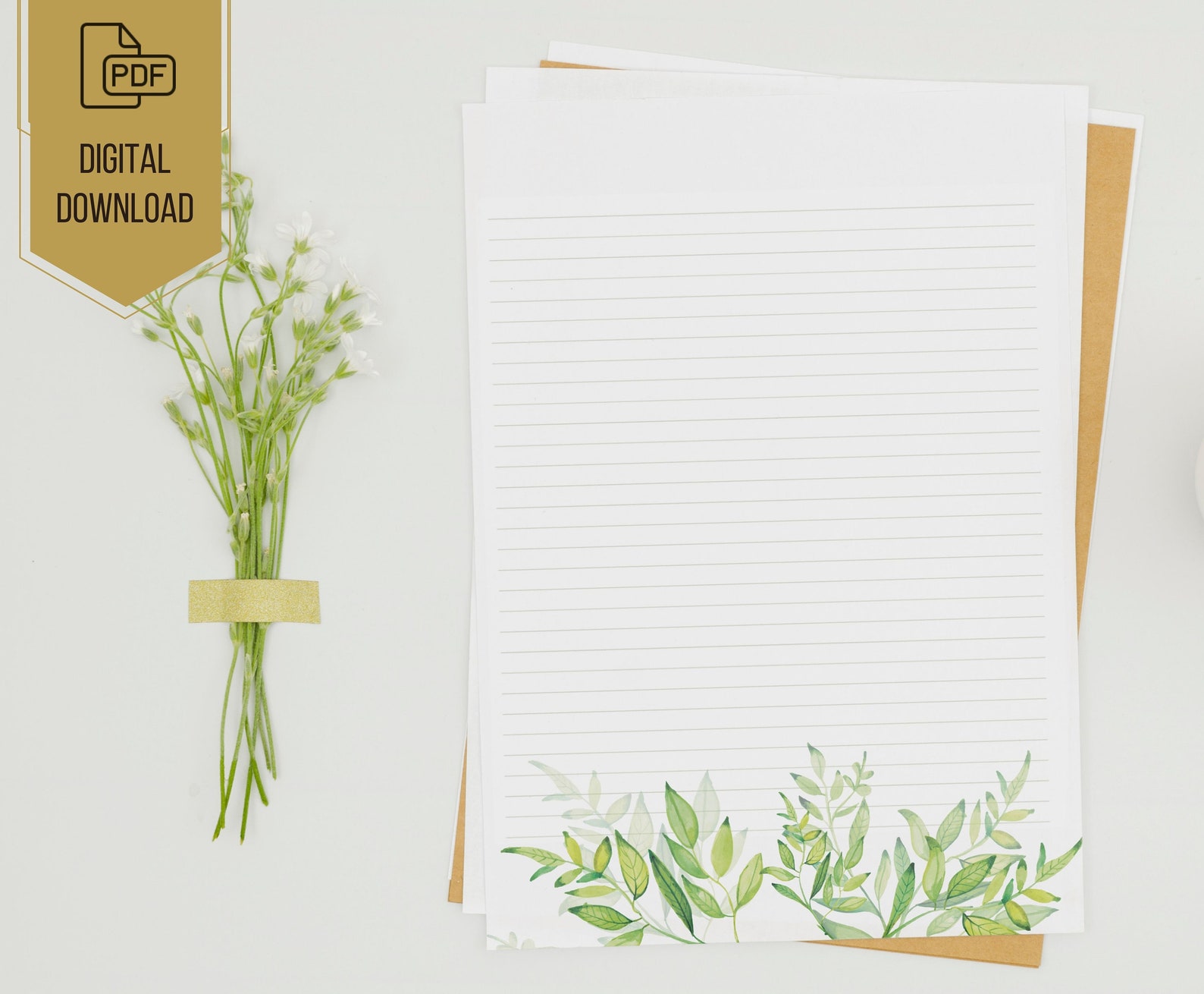 Green Leaves Lined Stationery Set Bundle Printable Letter - Etsy UK