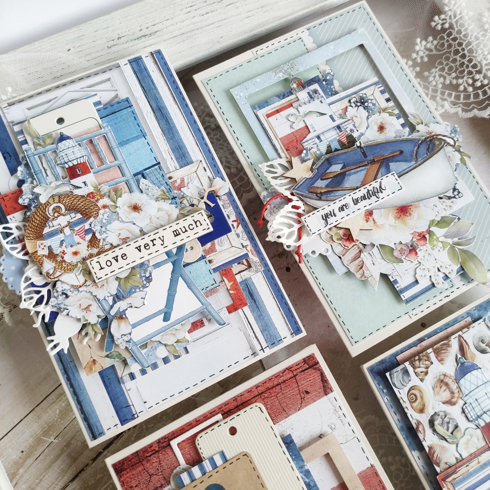 Summer Sea Postcards With Boat, Lighthouse, Seagull, and Beach House ...