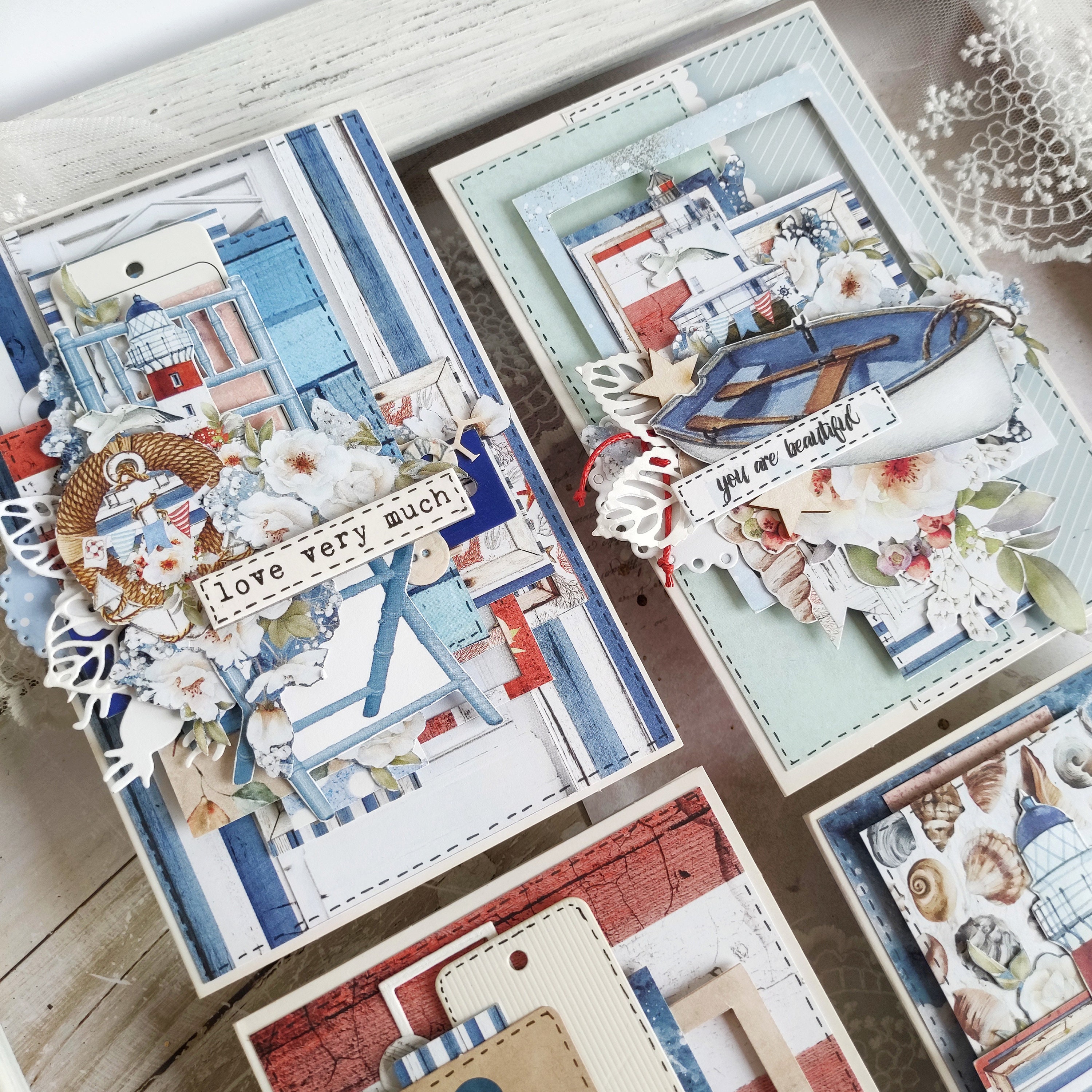 Summer Sea Postcards With Boat, Lighthouse, Seagull, and Beach House ...