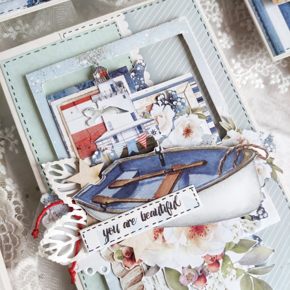 Summer Sea Postcards With Boat, Lighthouse, Seagull, and Beach House ...