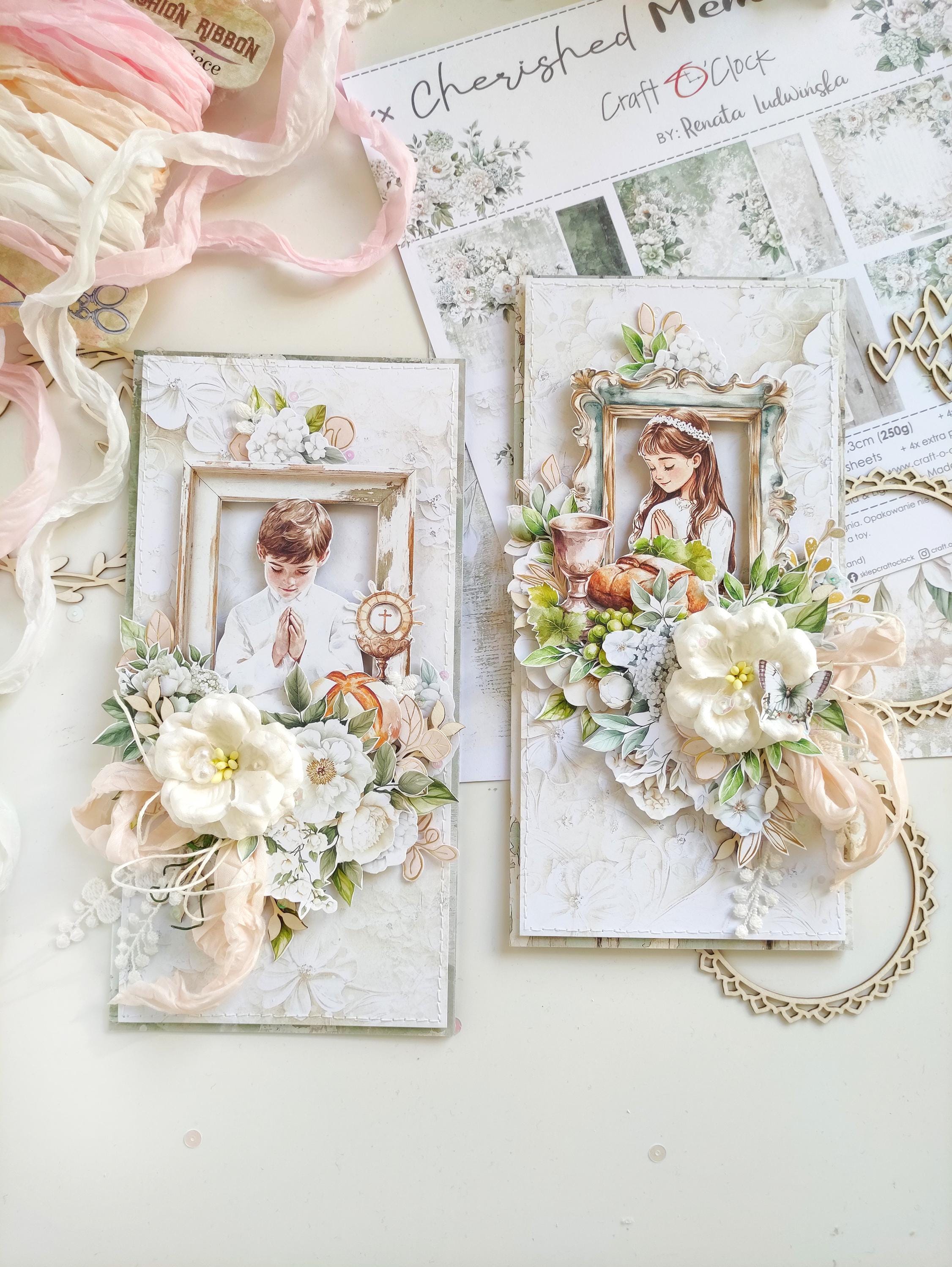 Elegant Communion Cards in Soft Pastel Colors With Delicate Lace and ...