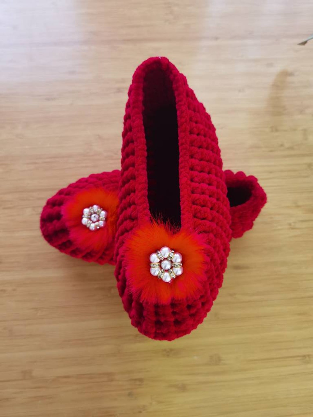Crochet Knitted Slippers With Felt Sole Velvet Handmade 35eu-41eu 5us-9 ...