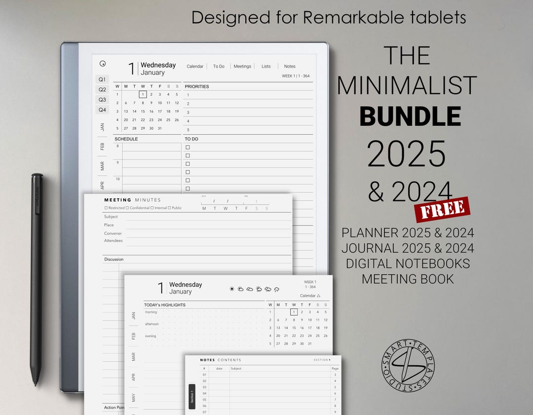 Minimalist Bundle, Templates for Remarkable Tablets 2024-2025 planners ...
