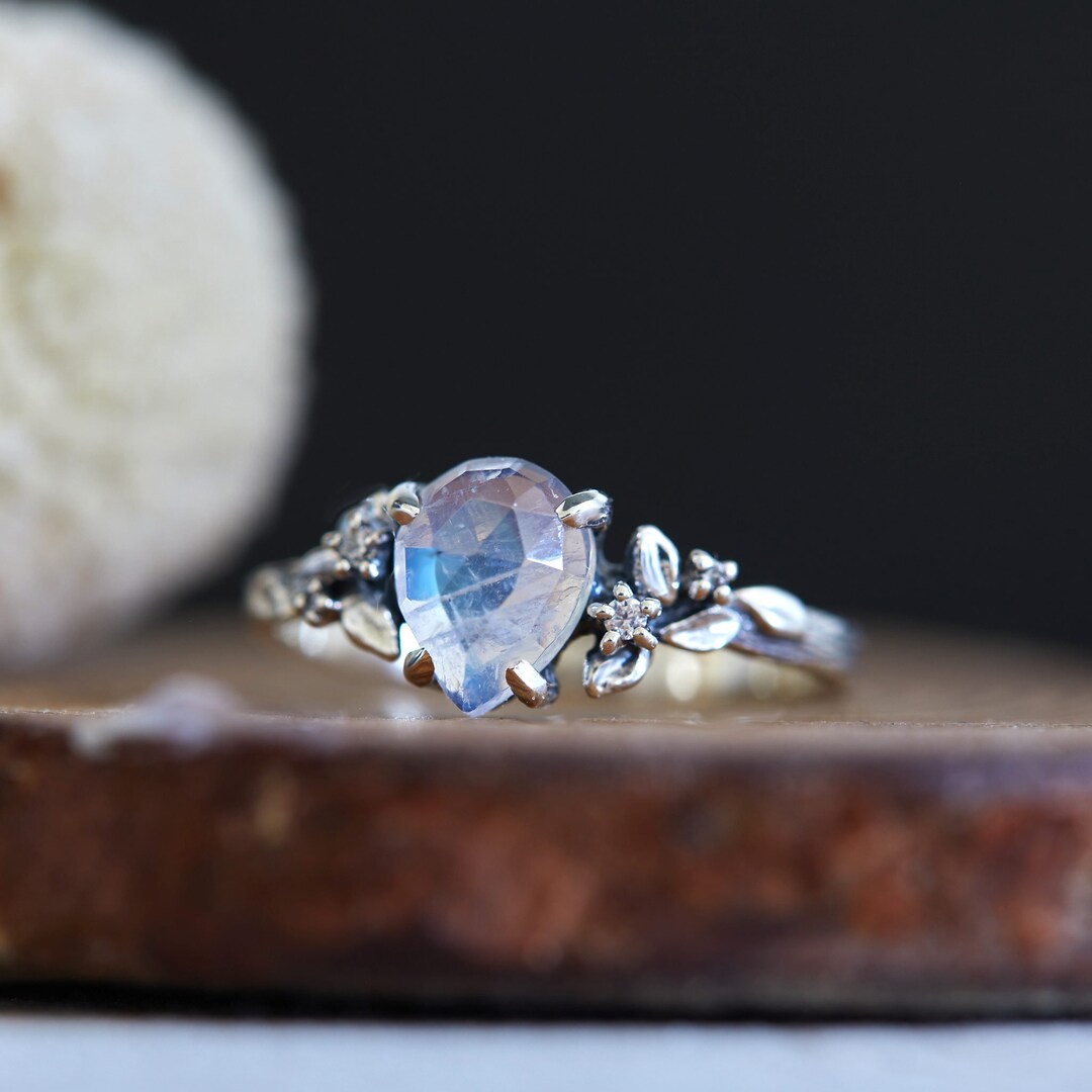 Pear Moonstone Engagement Ring: Sterling Silver Leaves, Nature Inspired ...
