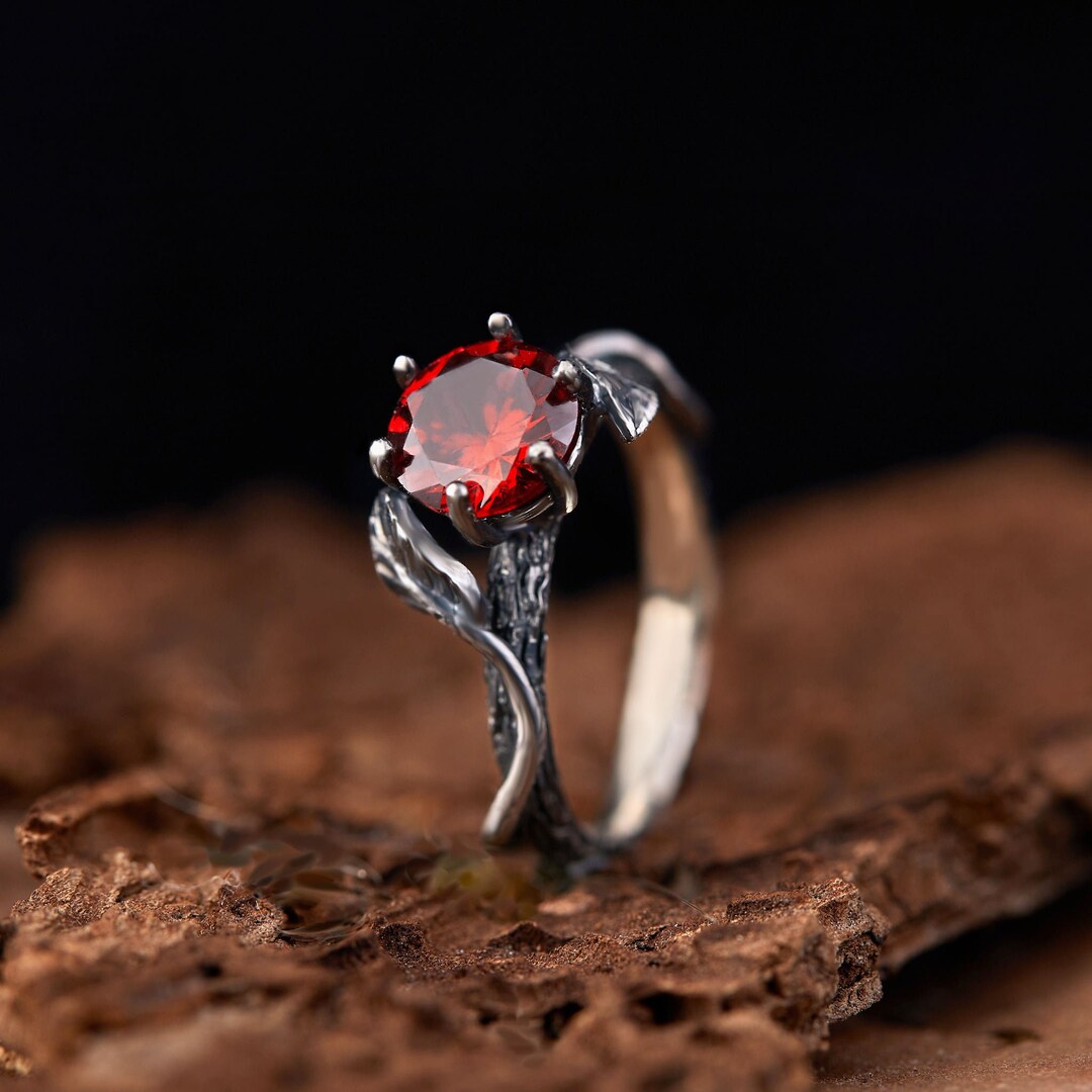 Twig & Leaf Garnet Engagement Ring: Sterling Silver Branch Ring - Etsy