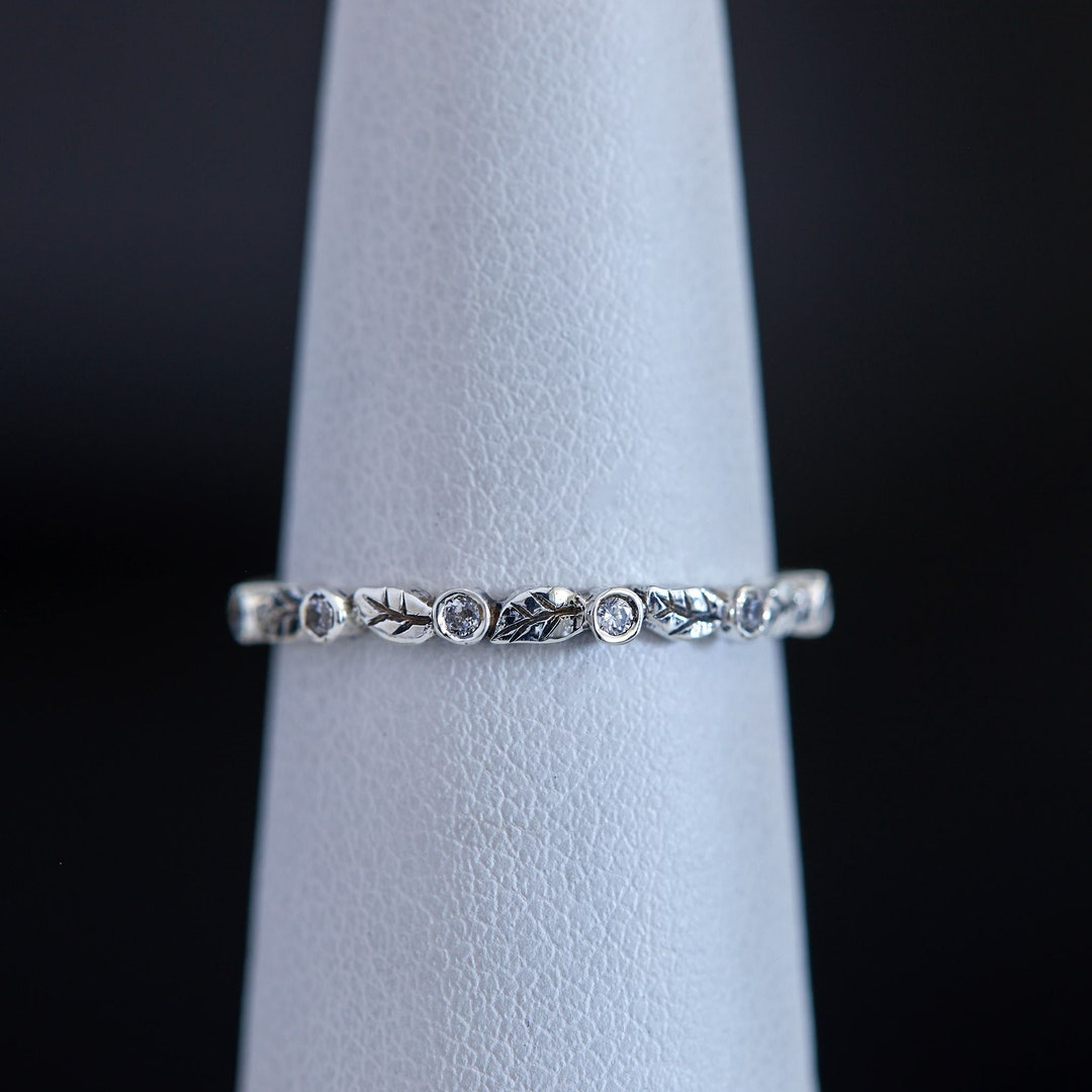 Moissanite Bezel Leaf Wedding Band, Half Eternity Twig Leaves Sterling ...