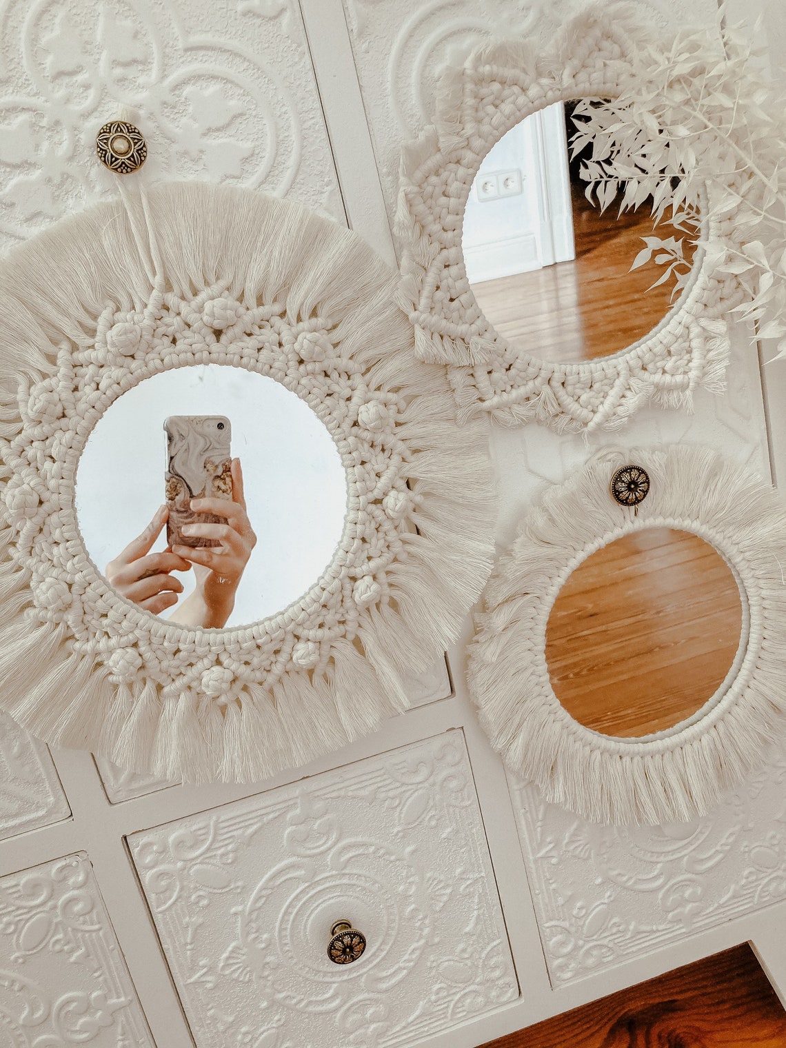 Macrame Mirror Boho Hippie Wall Decoration Wall Mirror Set Fringes ...