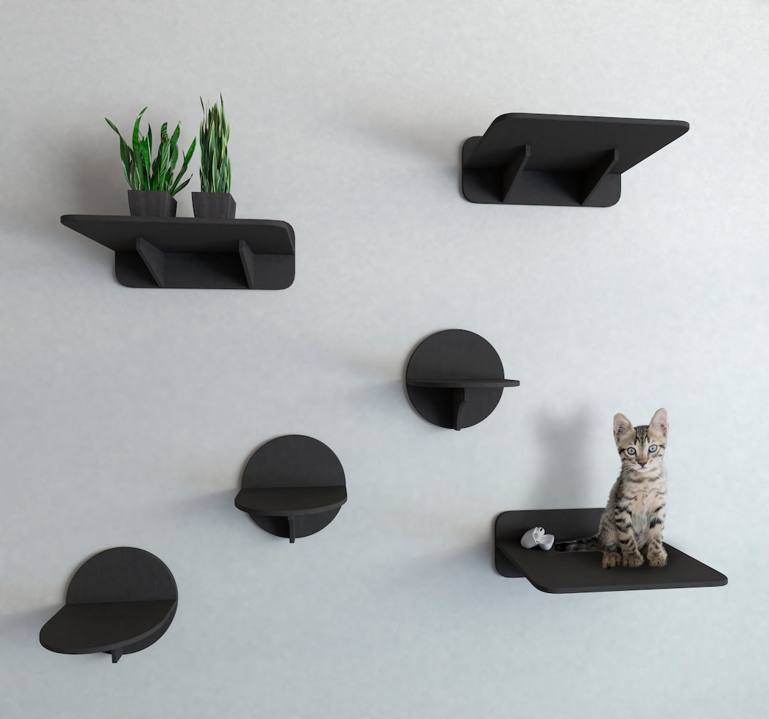 Cat Wall Shelves Set in Black Color With 3 Steps and 3 Shelves, Cat ...
