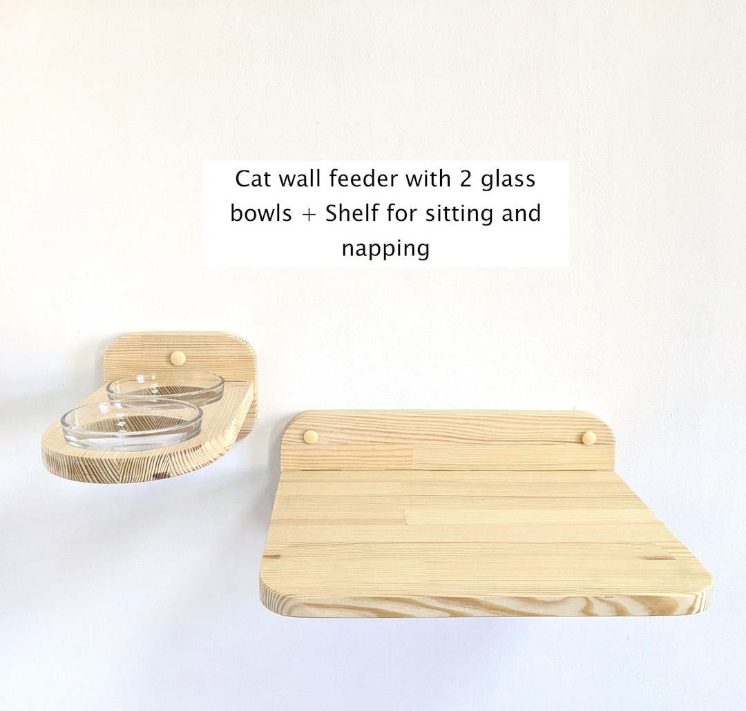 Set of Cat Feeder Shelf With 2 Glass Bowls and XL Shelf, Wall Cat ...