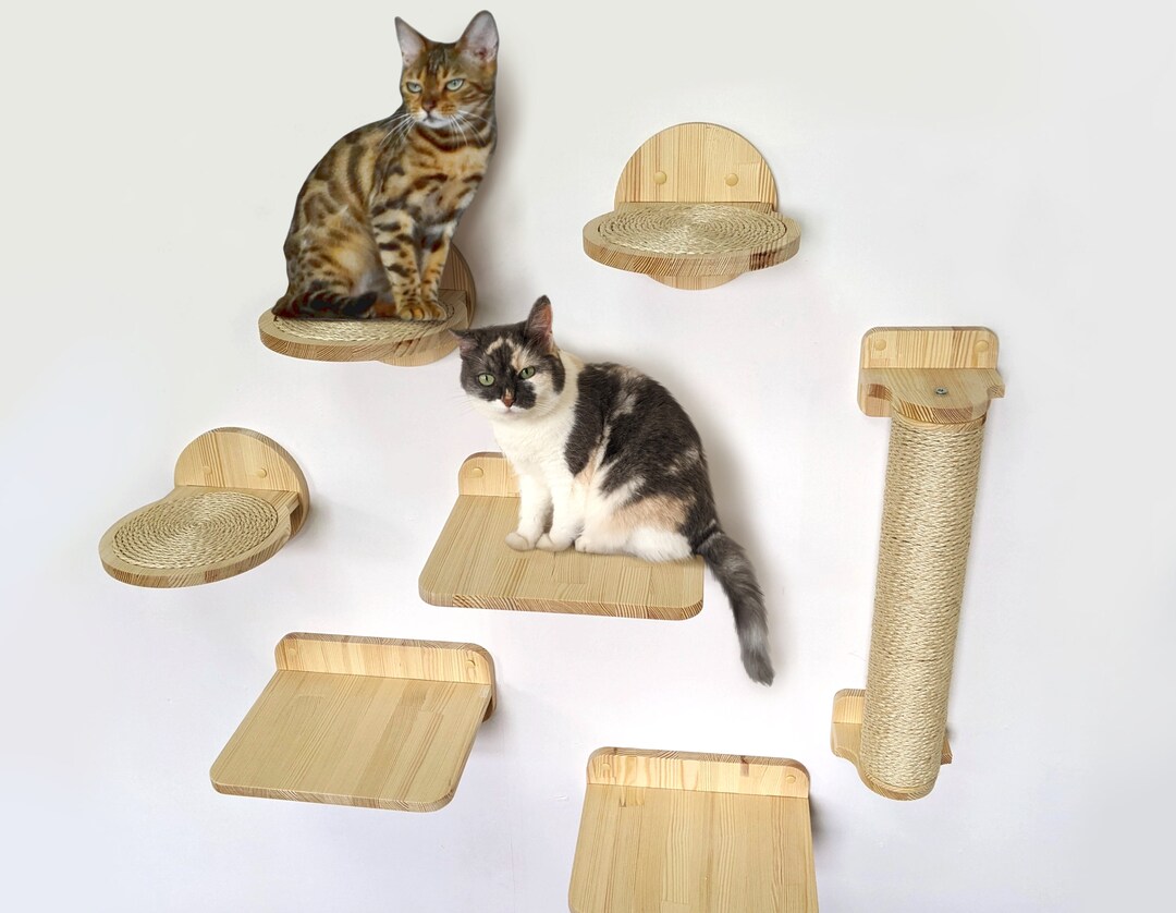 Cat Wall Shelves Set With 3 Shelves 3 Round Sisal Steps and Scratching ...