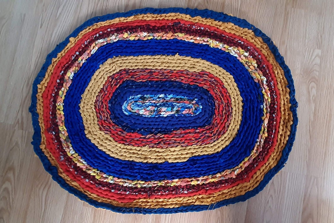 Crocheted Rag Rugs Oval Handmade Rug Blue Colorful Small Door Mat ...