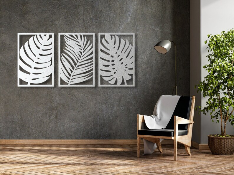 Large Set of 3 Panels With Tropical Monstera Leaf Leaves Wooden Wallart ...