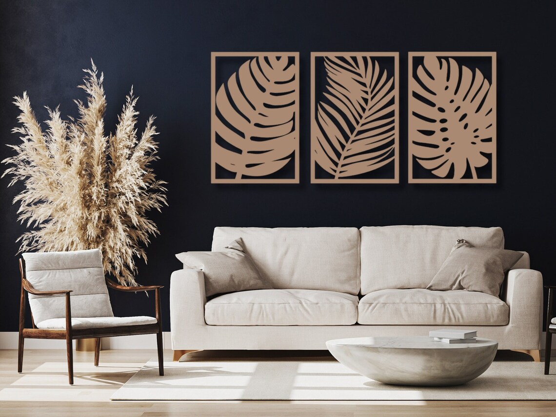 Large Set of 3 Panels With Tropical Monstera Leaf Leaves Wooden Wallart ...